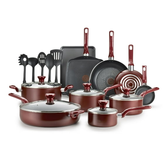 T-fal Easy Care, 20 Piece Non-Stick Pots and Pans Cookware Set, Red ...